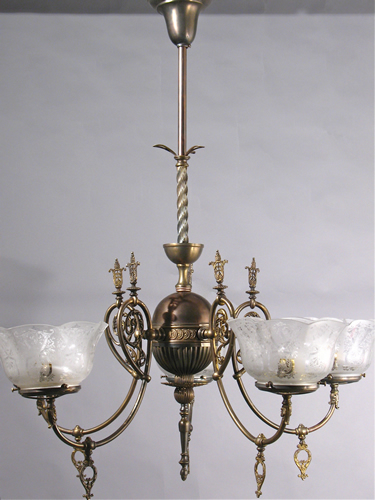 Genuine Antique Lighting: 5-Light Gas Chandelier w/ Cast finials