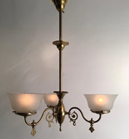 Genuine Antique Lighting: 3-Light Gas Chandelier w/Deep Etched Gas Shades