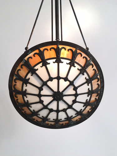 Genuine Antique Lighting: Bronze and Leaded Glass Inverted Dome