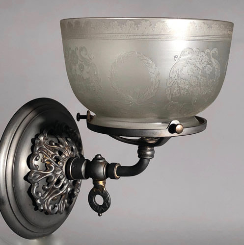 Genuine Antique Lighting: Wall Light Sconces with Deep Etched Gas Shades